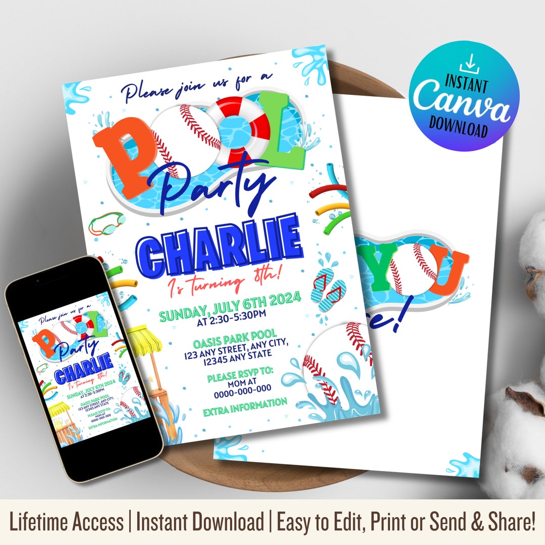 Baseball Pool Party Invitation Template: Editable Birthday Invite ...
