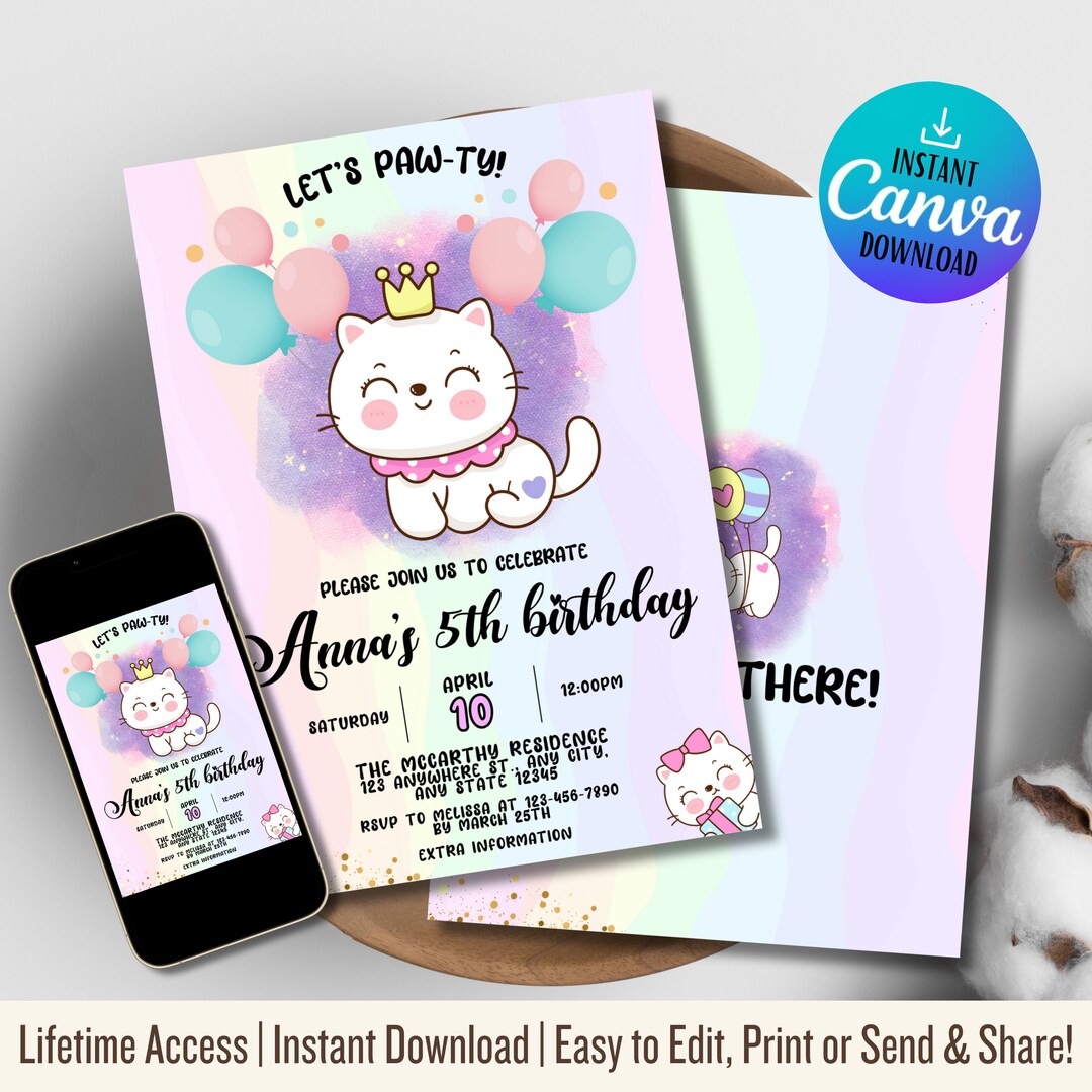 Cat Birthday Invitation: Kitten Party Template (printable, Instant ...