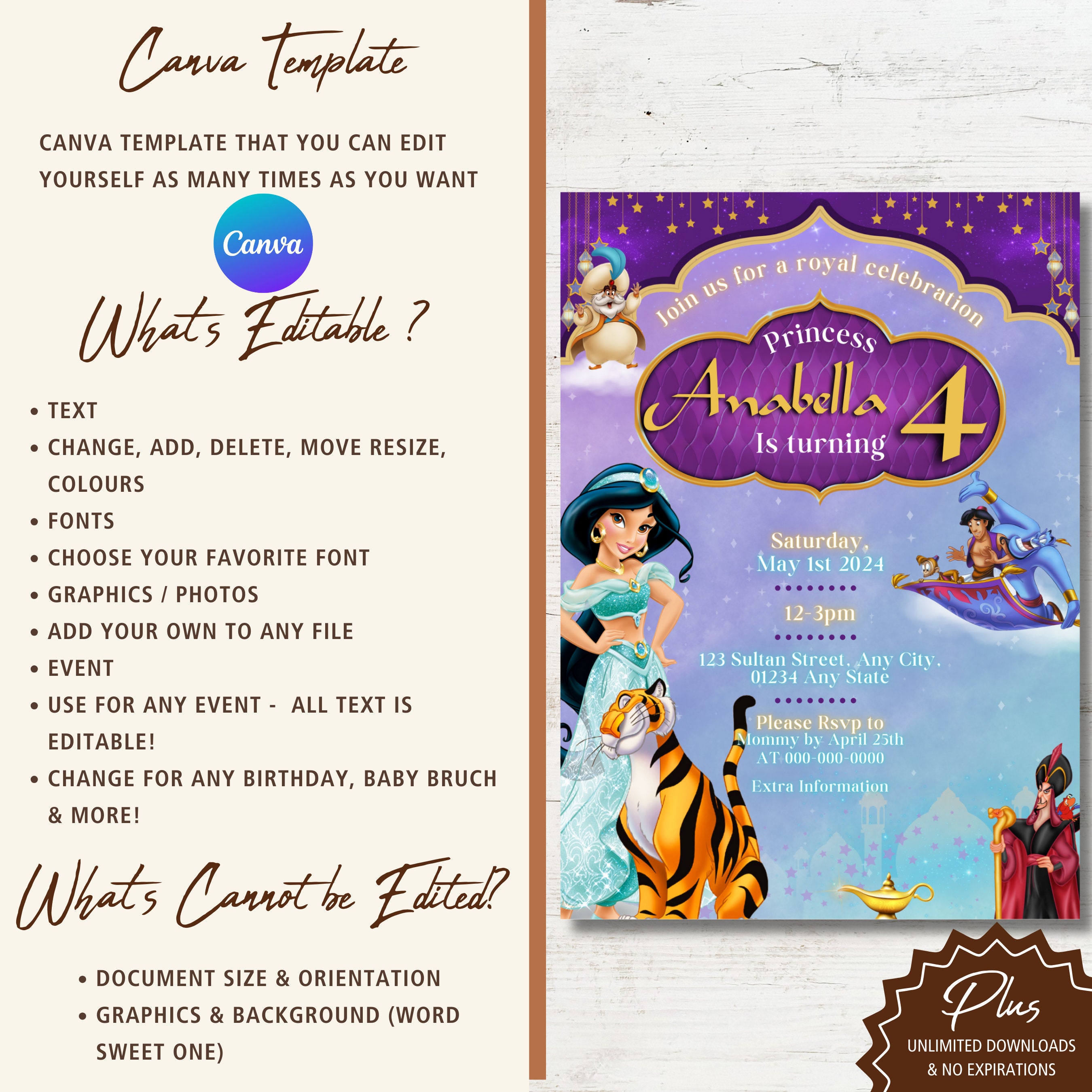 Princess Jasmine Birthday Invitation: Aladdin Party Template (digital ...