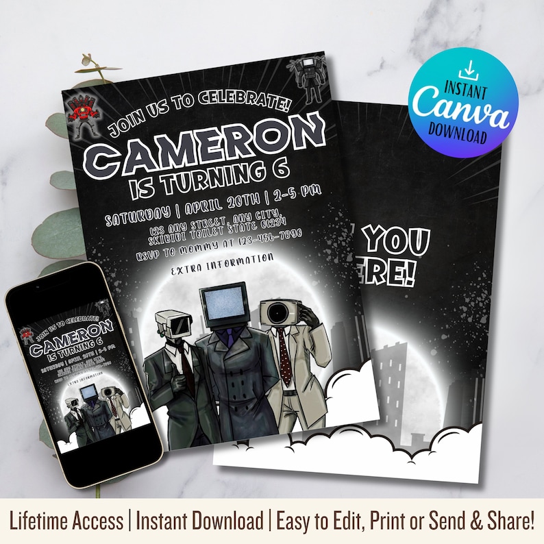 Editable TV Man Invitation Templates Roblox Gamer Party Theme Skibidi ...