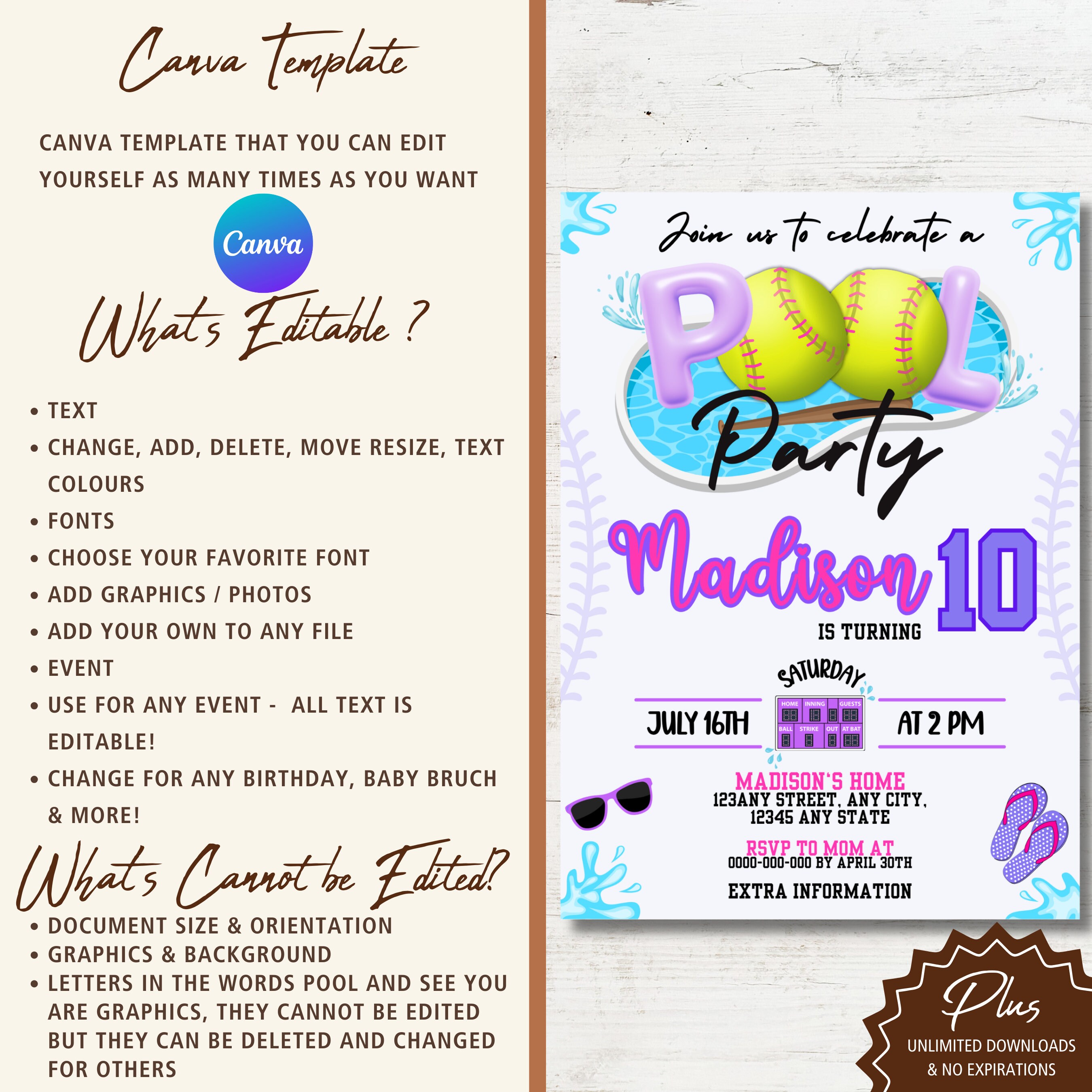Girl Sports Birthday Invite Pool Party Invite Editable End of Season ...
