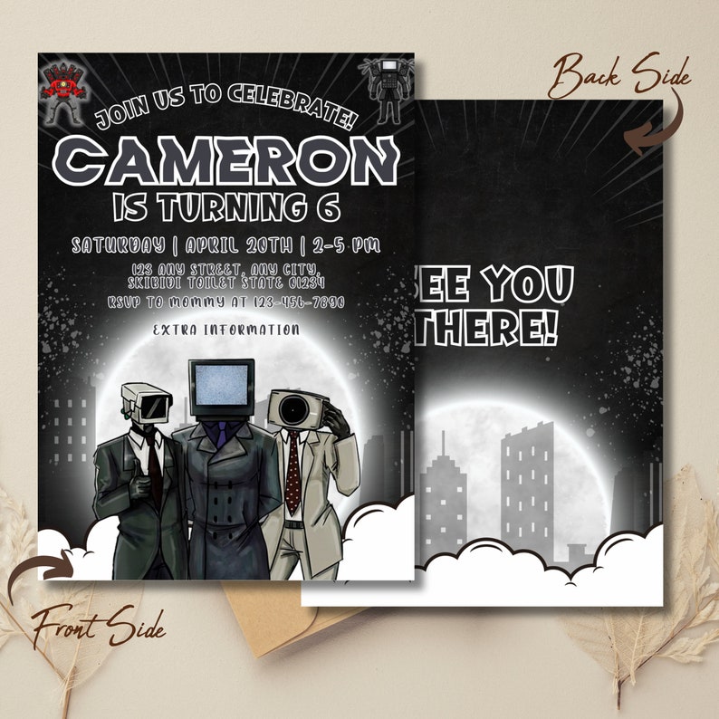 Editable TV Man Invitation Templates Roblox Gamer Party Theme Skibidi ...