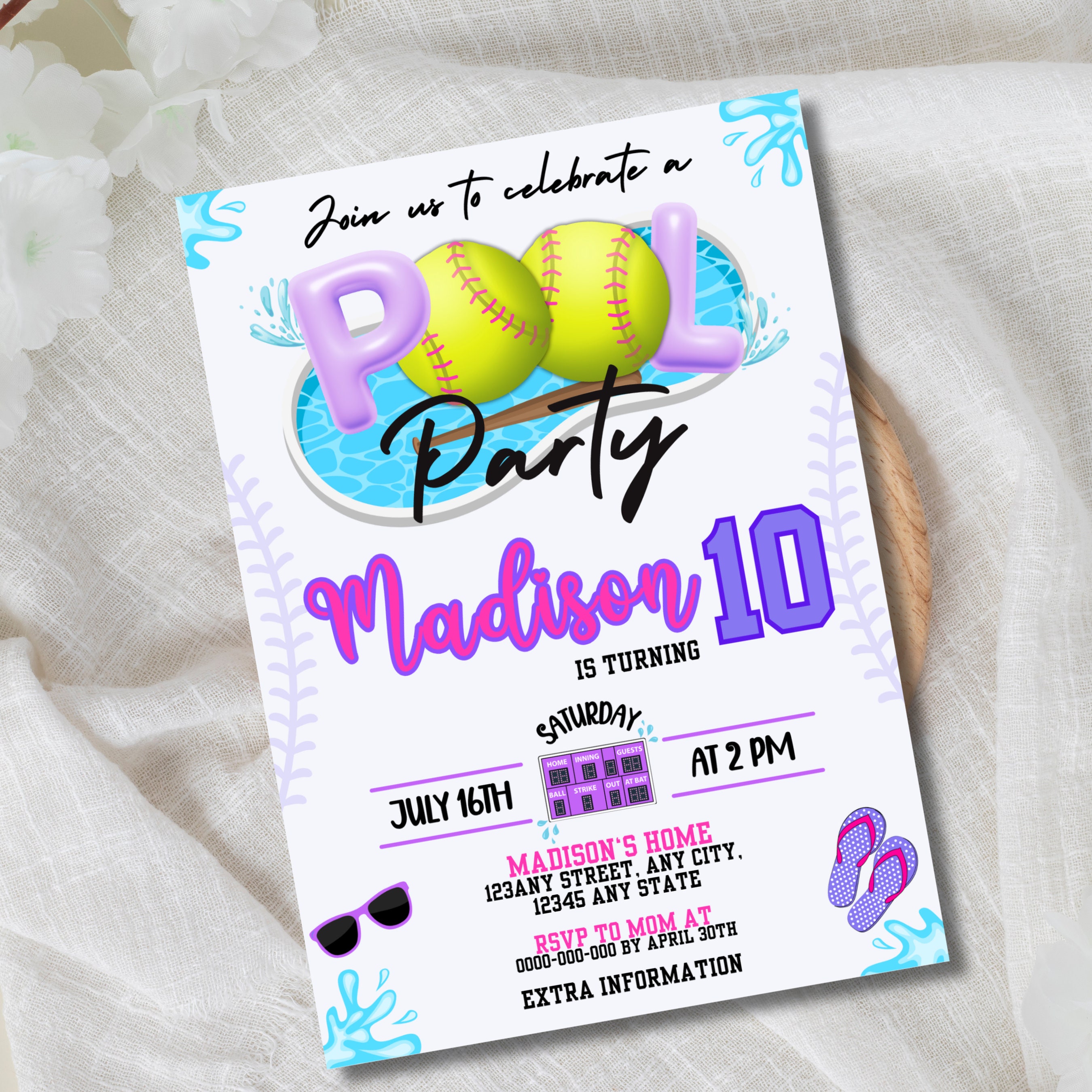 Girl Sports Birthday Invite Pool Party Invite Editable End of Season ...