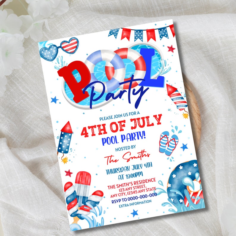 Instant Download Editable 4th of July Pool Party Birthday Invitation ...