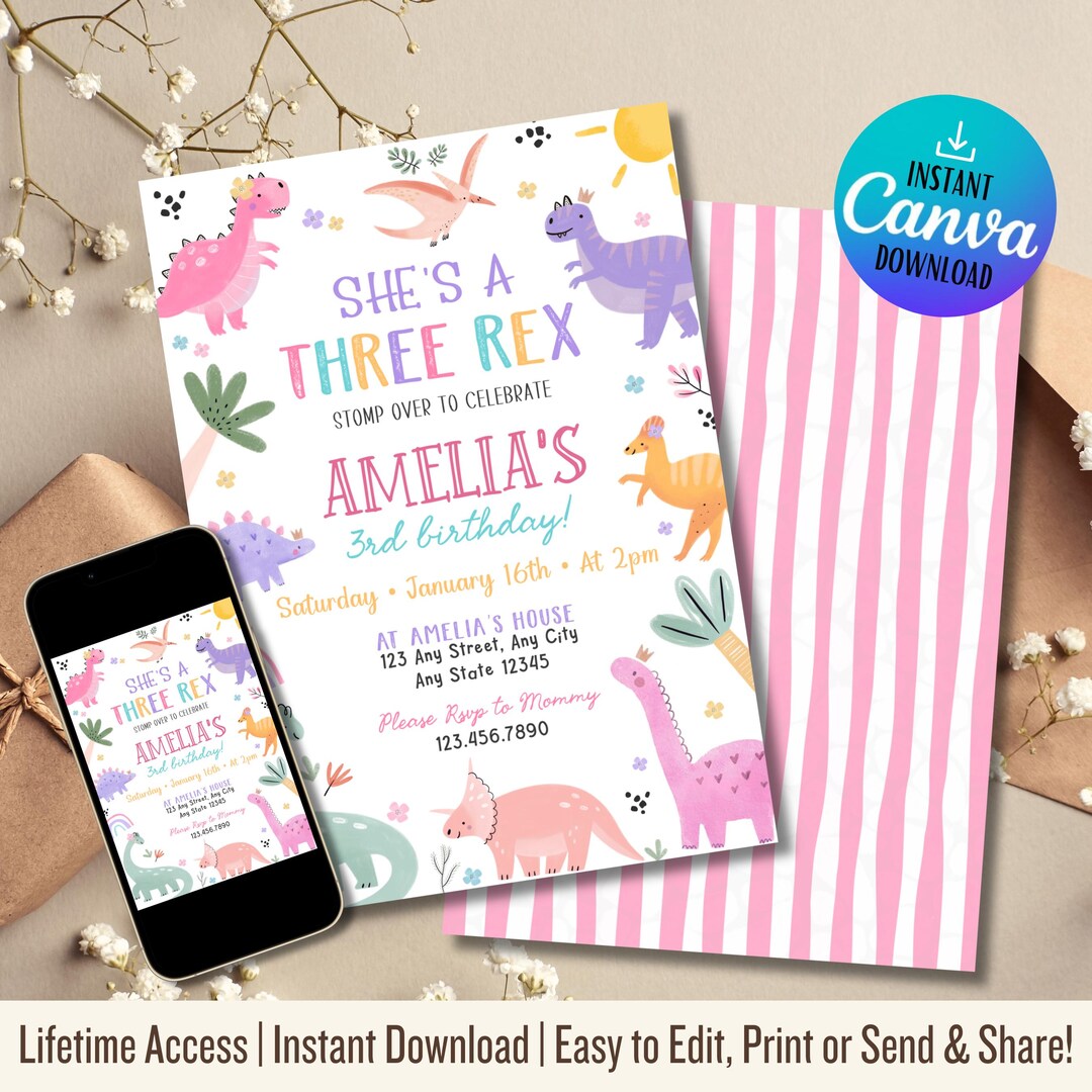 Three Rex Birthday Invitation, Pink Dinosaur Invite (digital Download ...