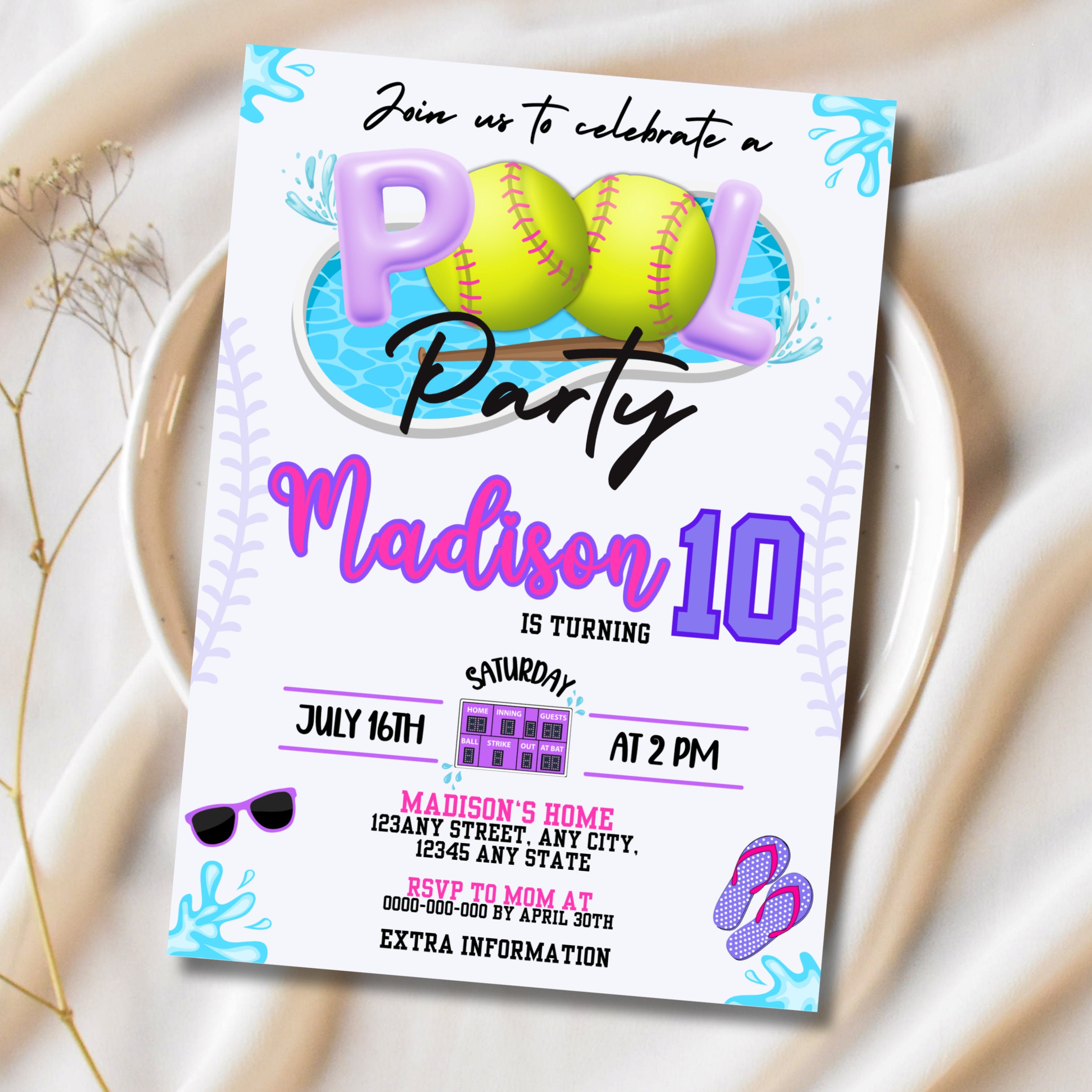 Girl Sports Birthday Invite Pool Party Invite Editable End of Season ...