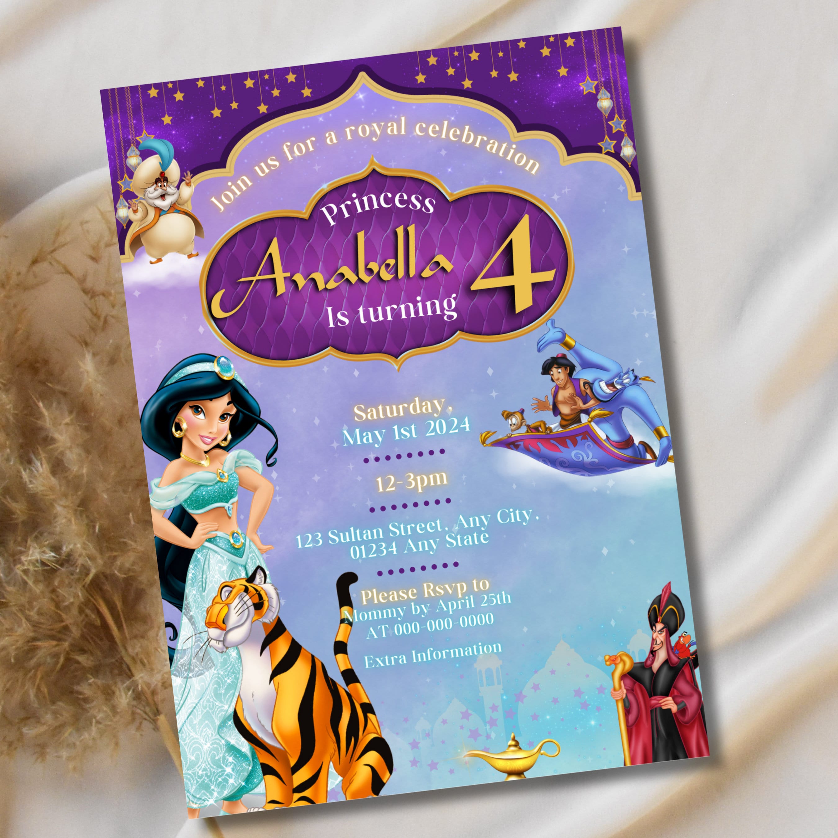 Princess Jasmine Birthday Invitation: Aladdin Party Template (digital ...