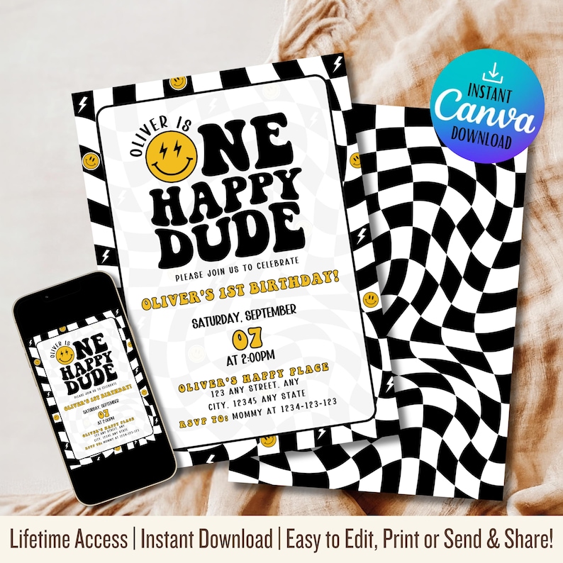 Smiley Face 1st Birthday Invitation: One Happy Dude (canva Template) - Etsy