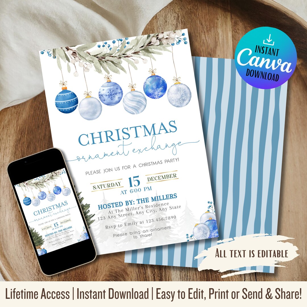 Editable Christmas Ornament Exchange Invitation Template | Printable ...
