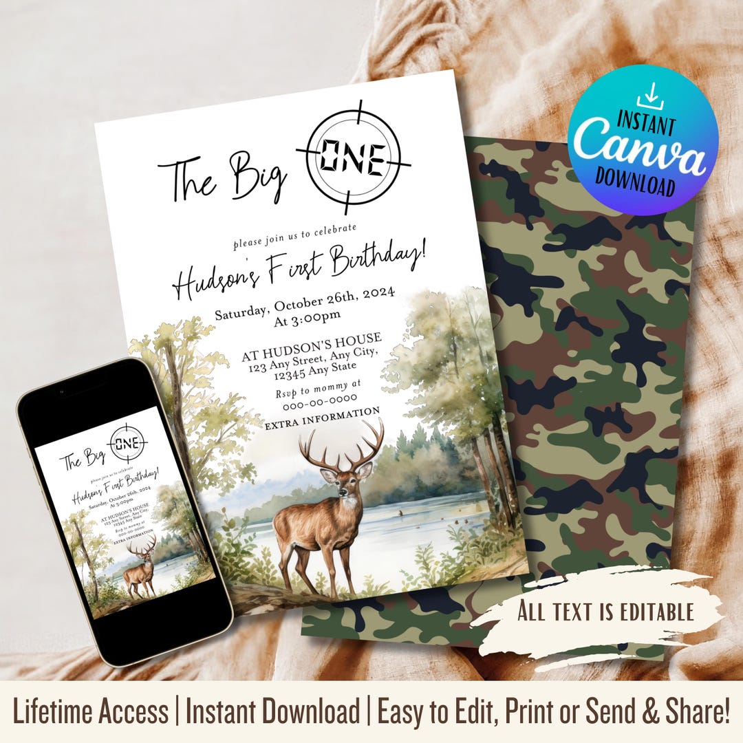 Hunting First Birthday Invitation: Camo Deer, Editable (digital ...