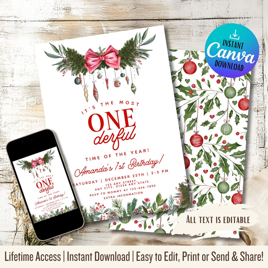 Editable Christmas Birthday Invitation | Most Onederful Time of the ...