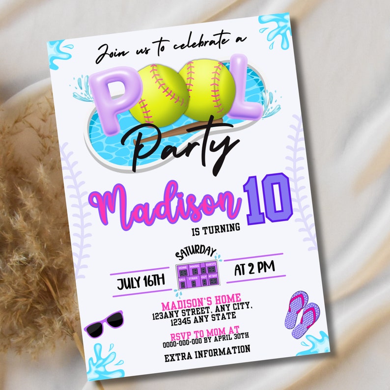 Girl Sports Birthday Invite Pool Party Invite Editable End of Season ...