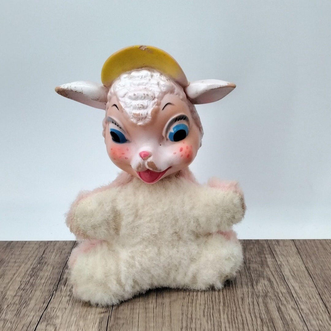 Vintage Rubber Face Lamb Plush Toy Yellow Hat Blue Eyes Pink Bonnet ...
