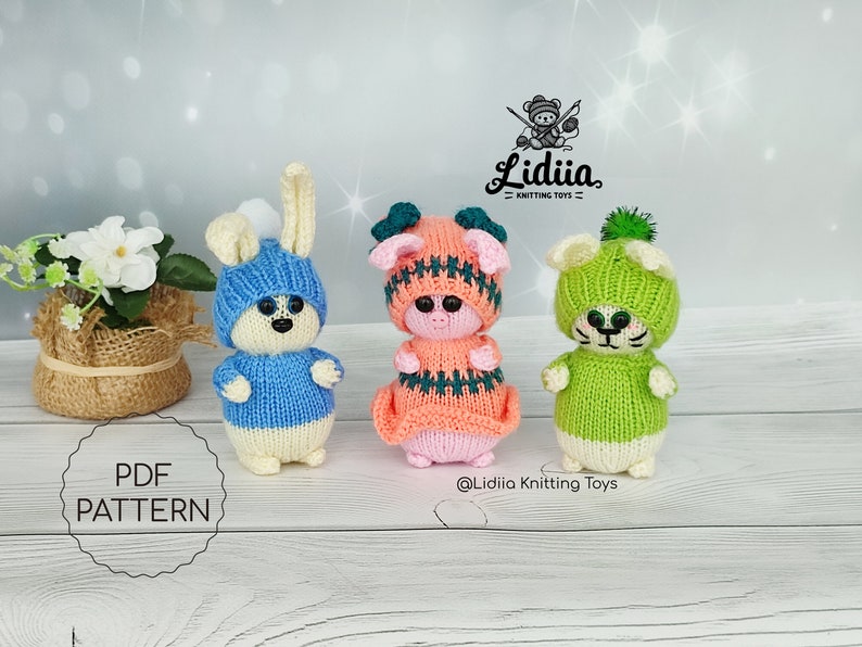 Farm Animals Knitting Pattern in English Set: Cat, Pig, Rabbit Plush ...