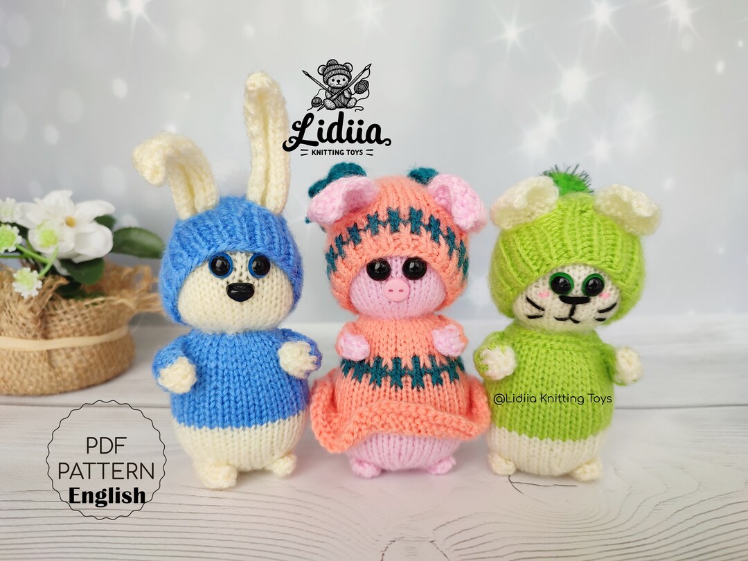 Farm Animals Knitting Pattern in English Set: Cat, Pig, Rabbit Plush ...