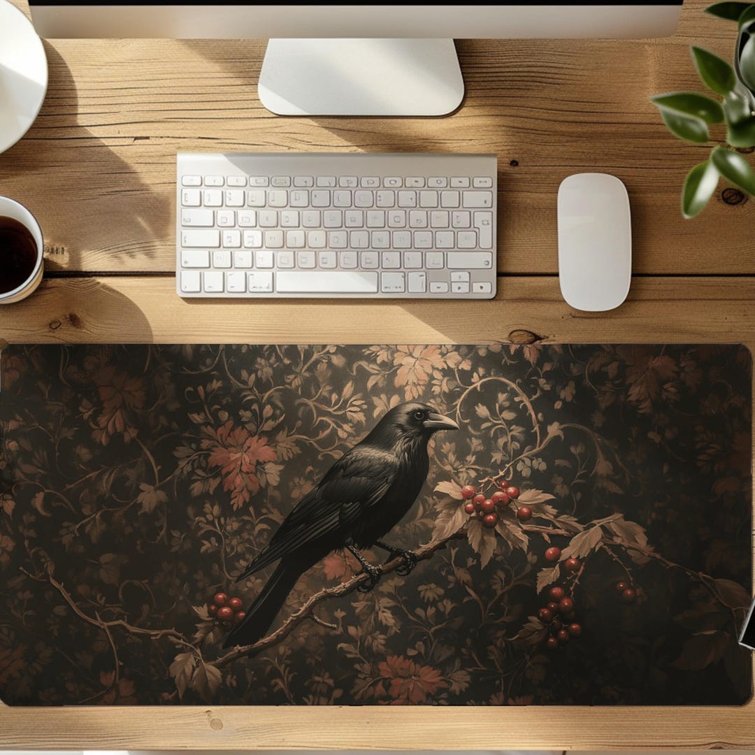 Gothic Crow Desk Mat: Vintage Floral Mouse Pad, Dark Academia Office ...