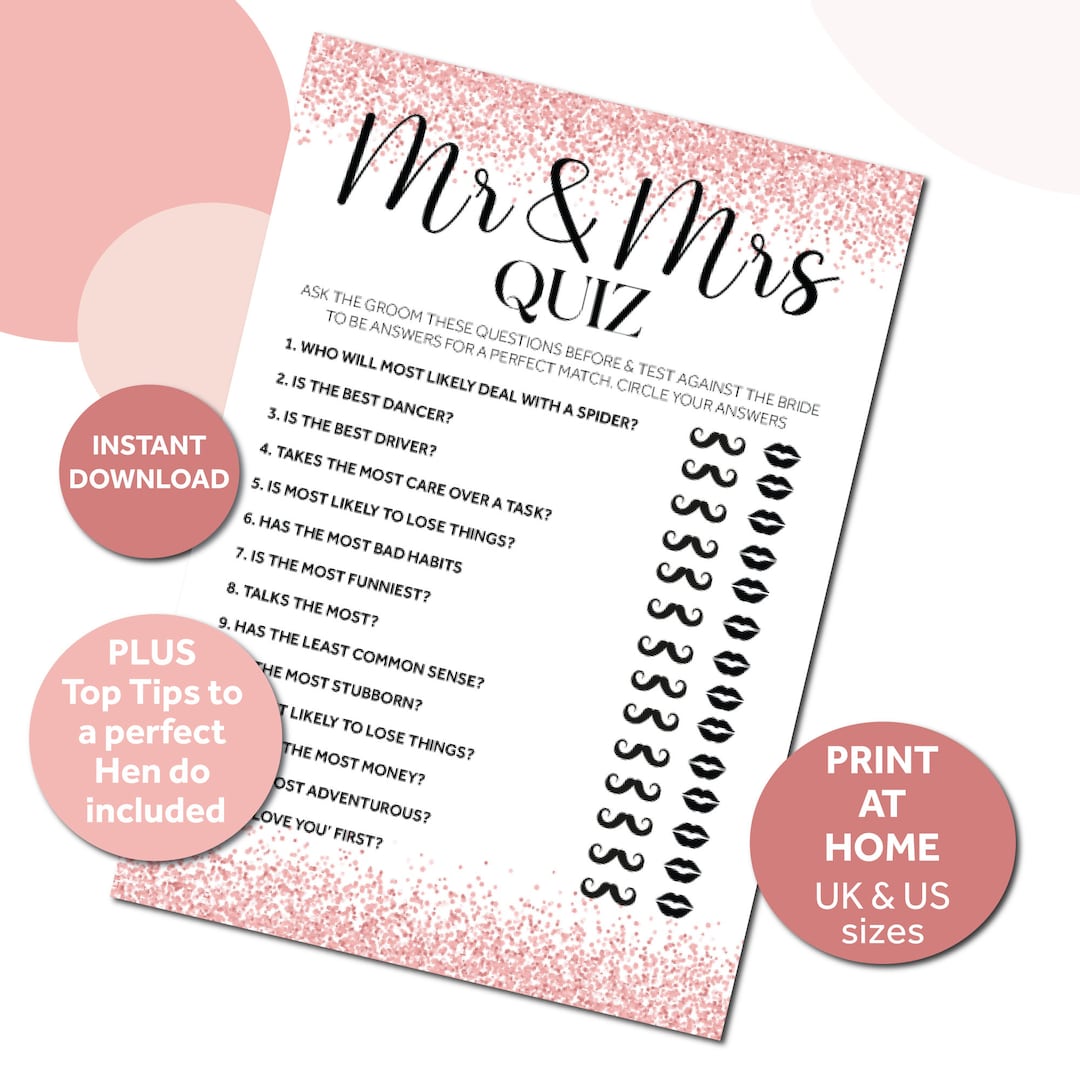 Mr & Mrs Hen Party Game, Bride to Be Bachelorette Party, Pink Glittery ...