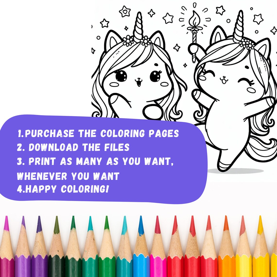 Unicorn Cat Coloring Pages for Kids, Kittycorn Coloring Book, Printable ...