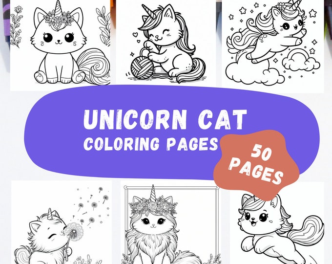 Unicorn Cat Coloring Pages for Kids, Kittycorn Coloring Book, Printable ...