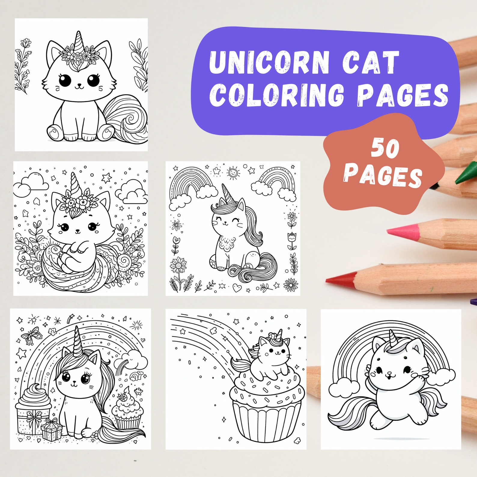 Unicorn Cat Coloring Pages for Kids, Kittycorn Coloring Book, Printable ...