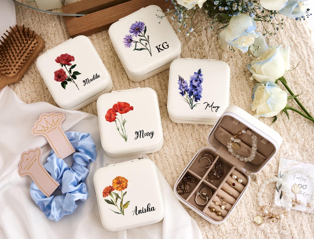 Personalized Travel Jewelry Box, Birthmonth Flower Jewelry Box, With ...