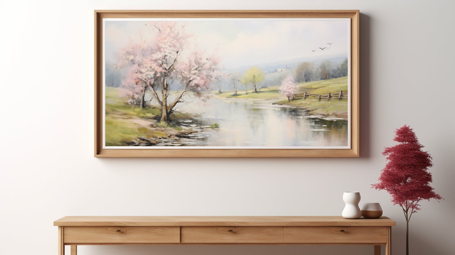 Riverside in Spring Digital Painting, Art, Vintage, Nature, Trees ...