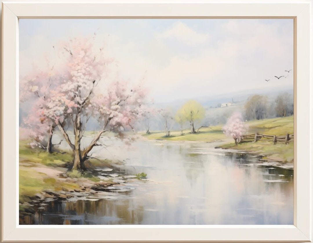 Riverside in Spring Digital Painting, Art, Vintage, Nature, Trees ...