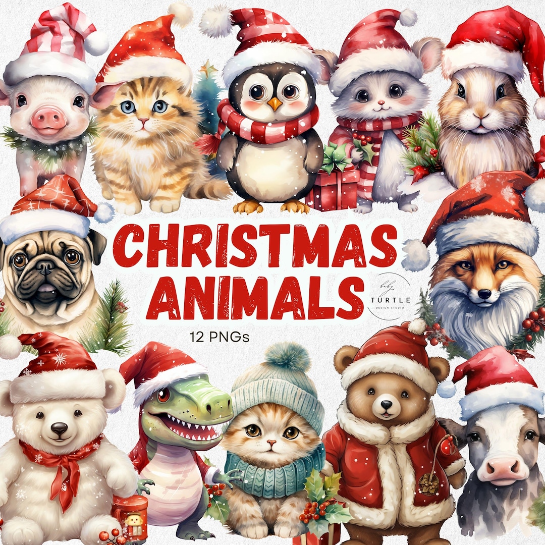 Watercolor Christmas Baby Animal Clipart, Watercolor Clip Art, Cute ...