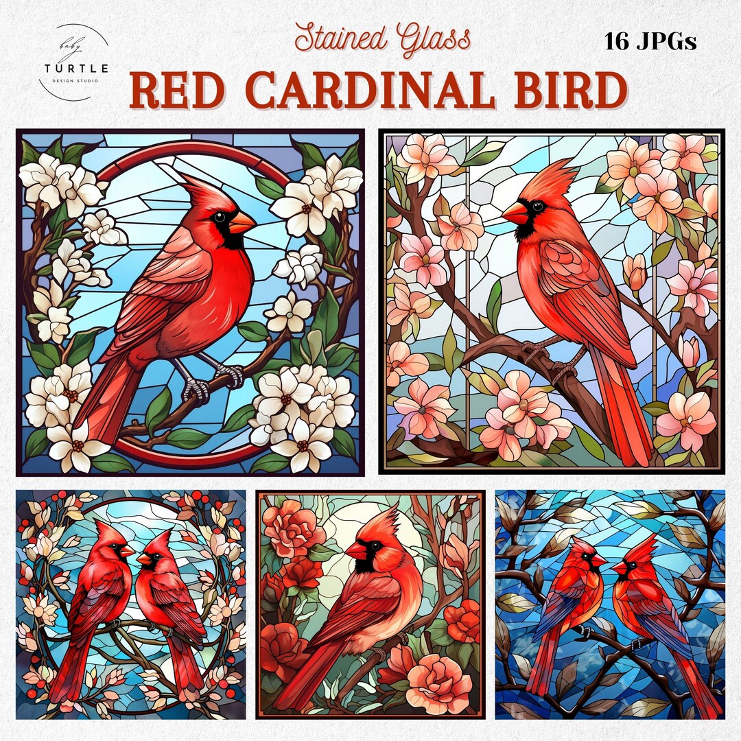 Stained Glass Red Cardinal BUNDLE, Vibrant Stained Glass Northern Red ...