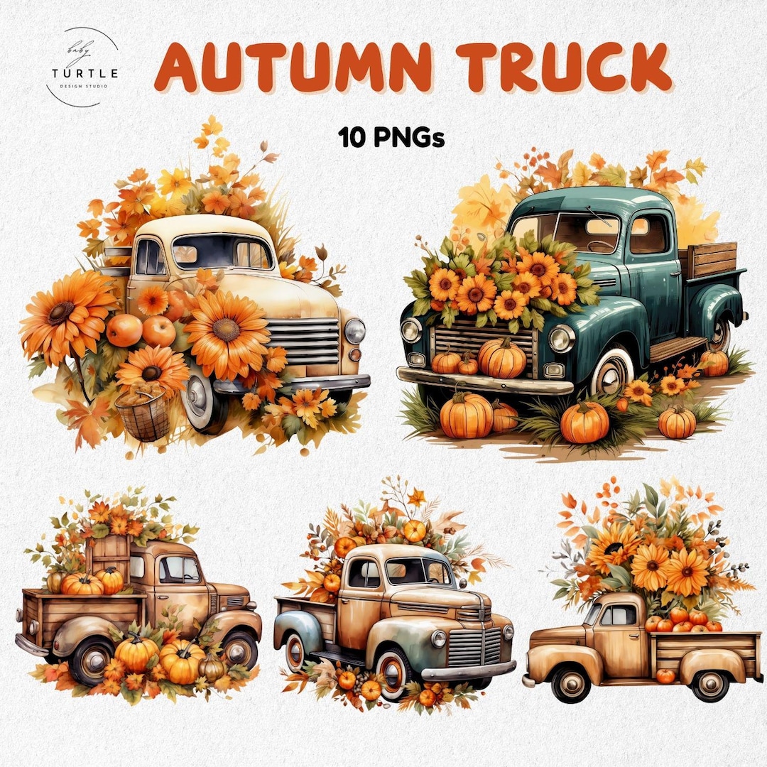 Autumn Truck Clipart, Fall Pumpkin Truck Clipart, Watercolor Vintage ...