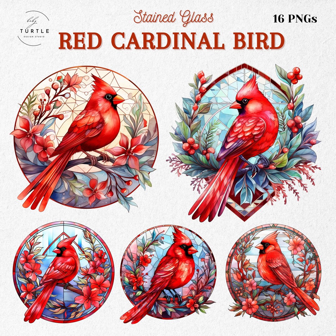 Stained Glass Red Cardinal BUNDLE, Vibrant Stained Glass Northern Red ...