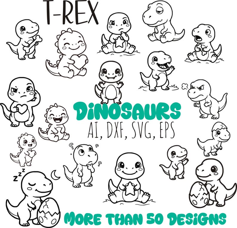 Chibi Dinosaur SVG Bundle, T-rex Clipart Laser Cut Files (digital ...