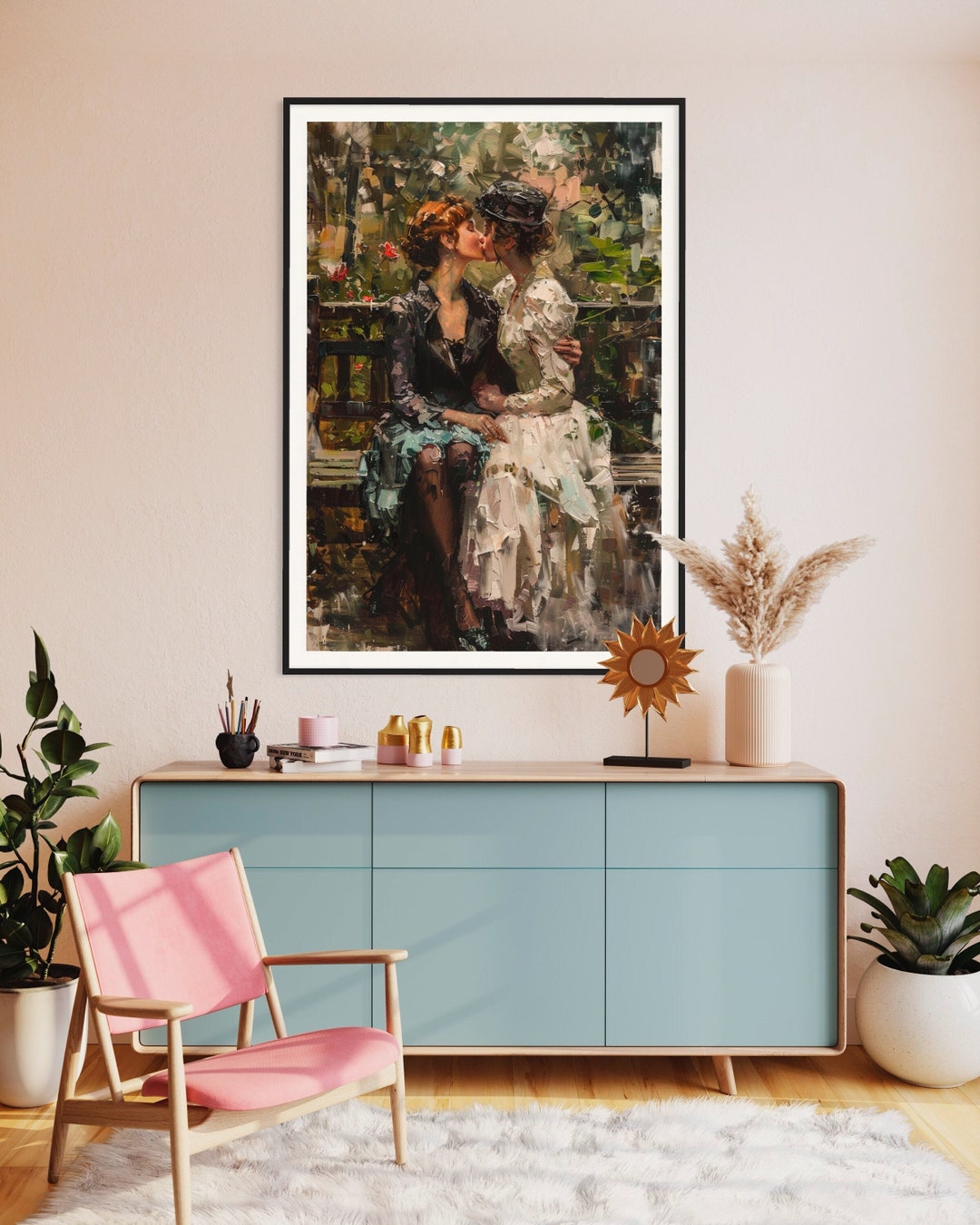 Romantic Lesbian Print, Painting of Women Kissing, Lesbian Aesthetic ...