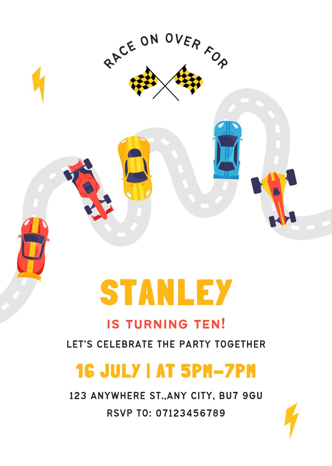 Racing Car Kids Birthday Digital Invitation, Instant Download ...