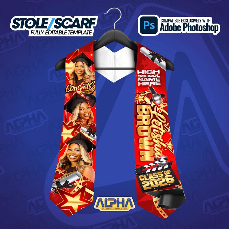 Red and Yellow Gold Graduation Stole Template, Easy to Edit, Stole ...