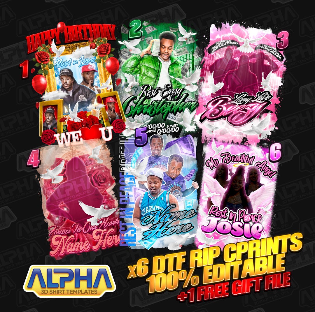 Bundle RIP Memorial Shirt DTF Center Print X6 Combo Editable Photoshop ...