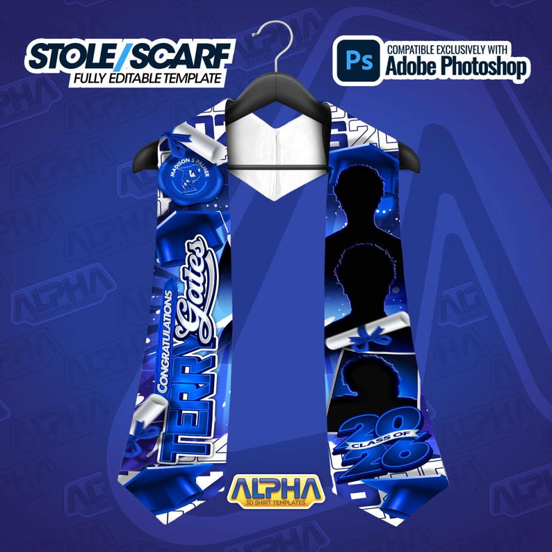 Blue, Black and White Graduation Stole Template, Easy to Edit, Stole ...