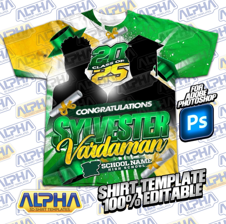 Graduation T-shirt Digital File, Green, Yellow Editable Photoshop ...