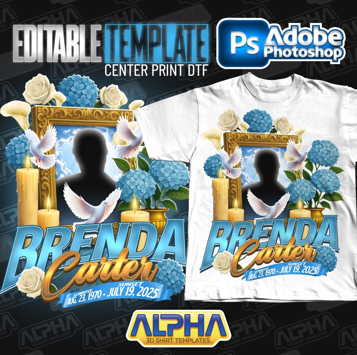 Rest in Peace Template PSD RIP Memorial Shirt DTG Center Print Editable ...