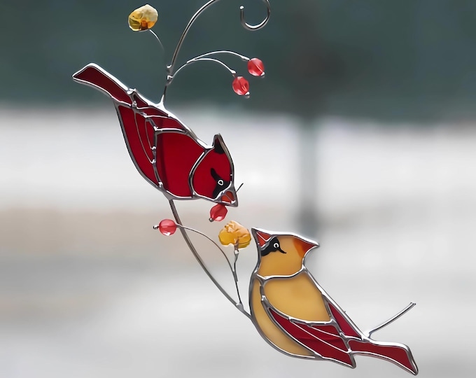 Stained Glass Cardinals Suncatcher, Double Red Cardinals Window Hanging ...