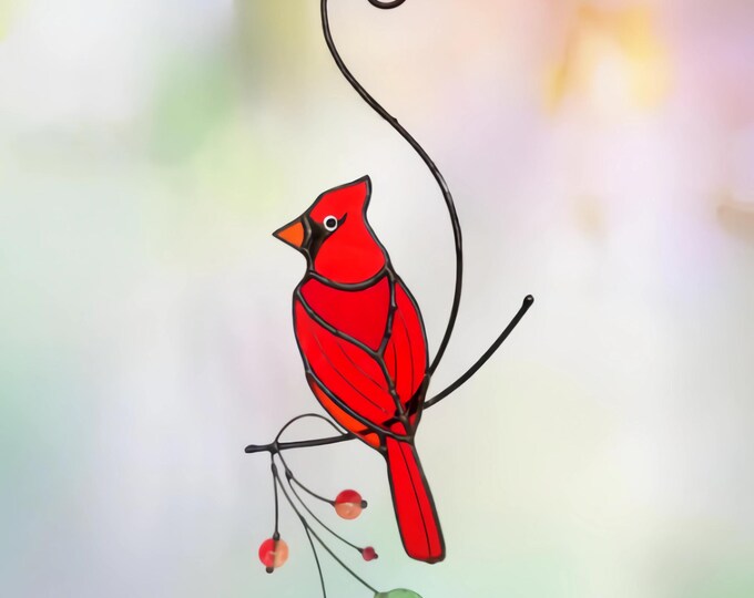 Red Cardinal Stained Glass Window Hanging, Handmade Bird Suncatcher ...