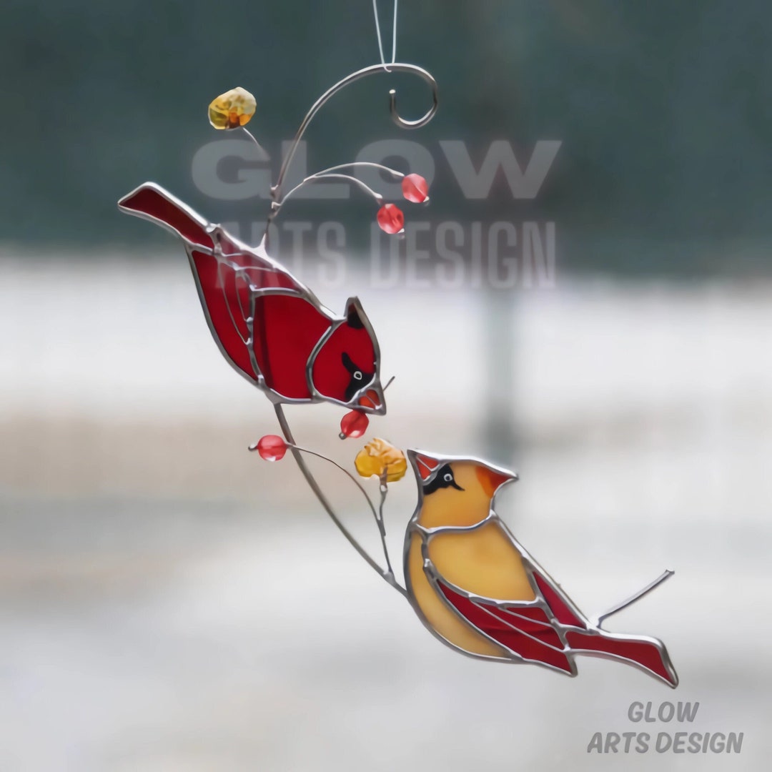 Stained Glass Red Cardinals Suncatcher, Birthday Gift, Cardinal Stained ...