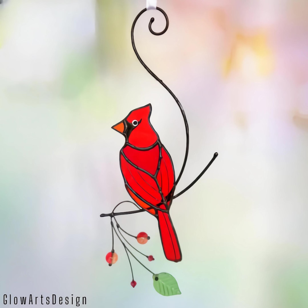 Red Cardinal Stained Glass Window Hanging, Handmade Bird Suncatcher ...