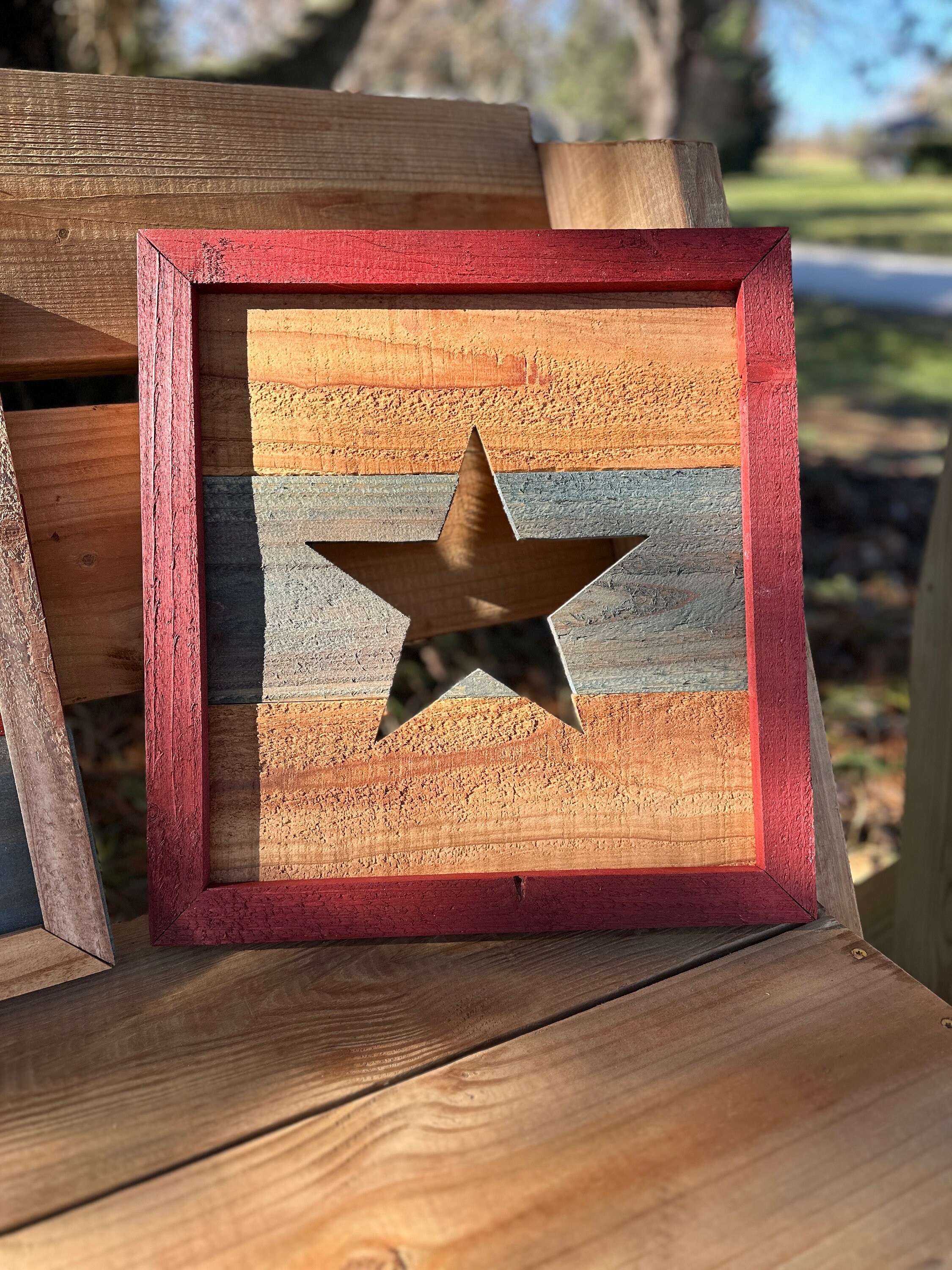 Set of 3 Framed Cedar Wood Barn Stars the American / 4th of July ...