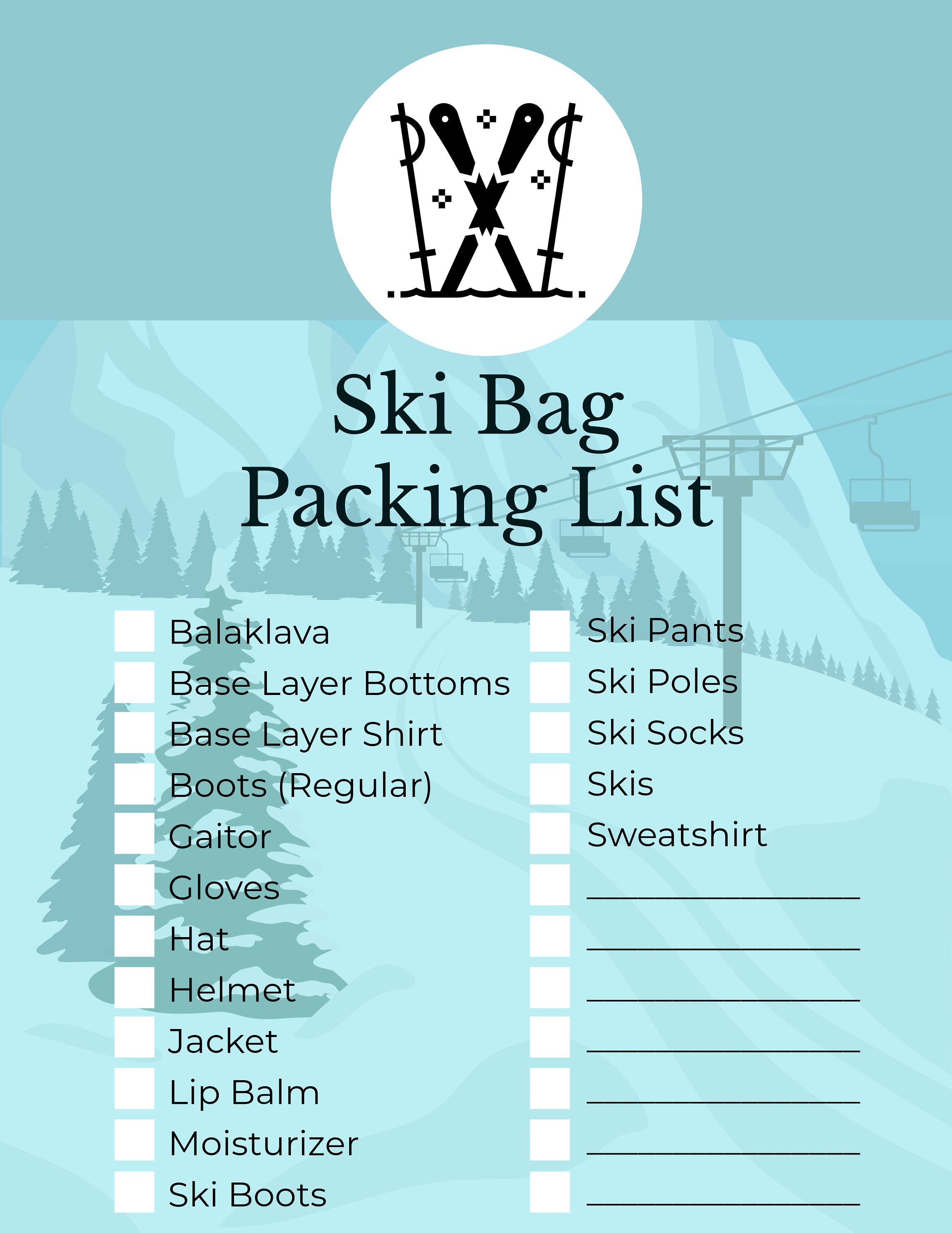 Ski Bag Packing List Printable - Etsy