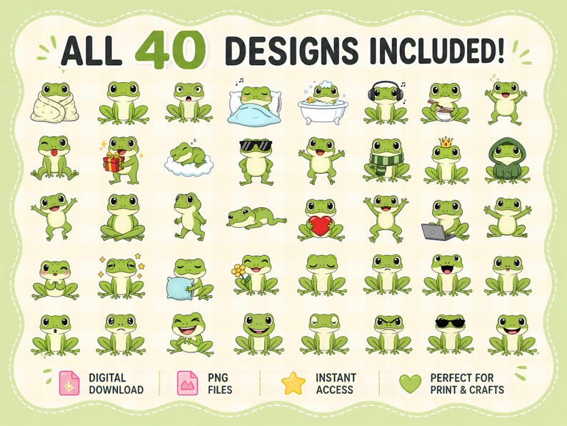 40 Kawaii Frog Stickers, Clipart, Planner Digital Download (PNG) - Etsy