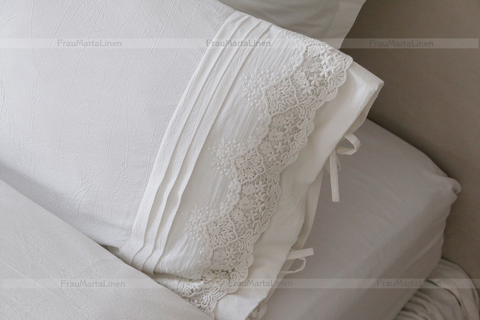 Wedding Bedding Set With Lace and Ruffles and Ties off White ...