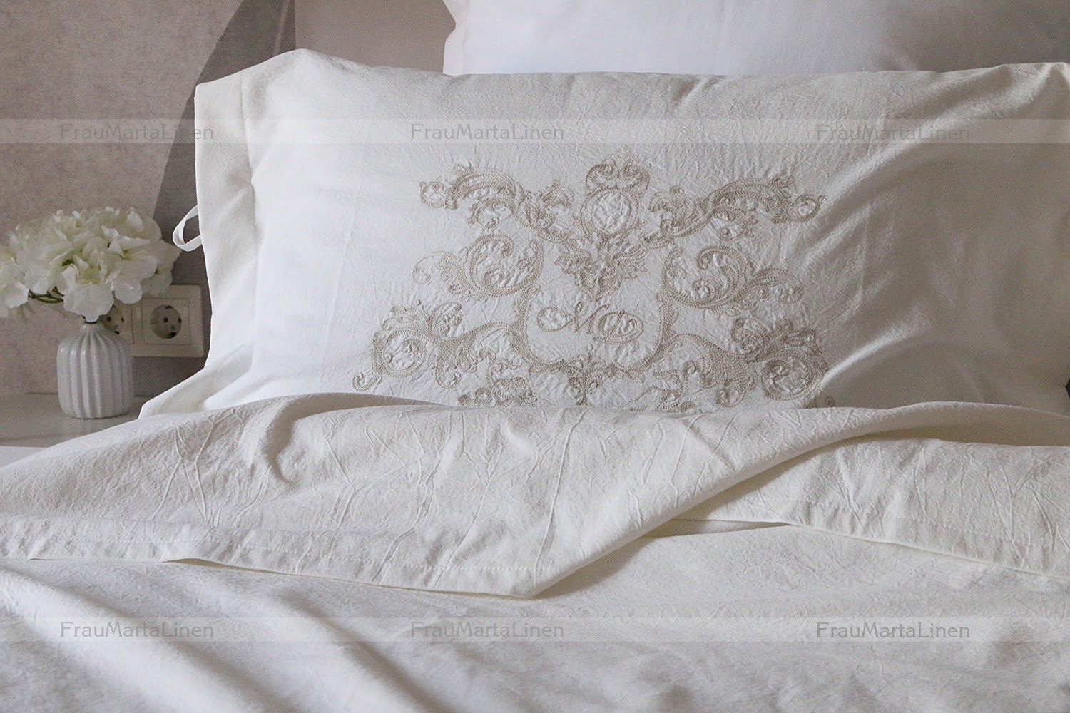 Washed Cotton Farmhouse Style Wedding Bedding With Monogram Custom ...