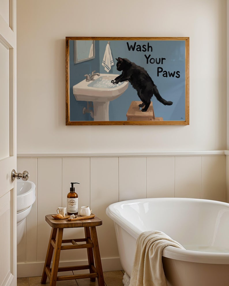 Wash Your Paws Print Horizontal, Mid Century Bathroom Wall Art, Funny ...