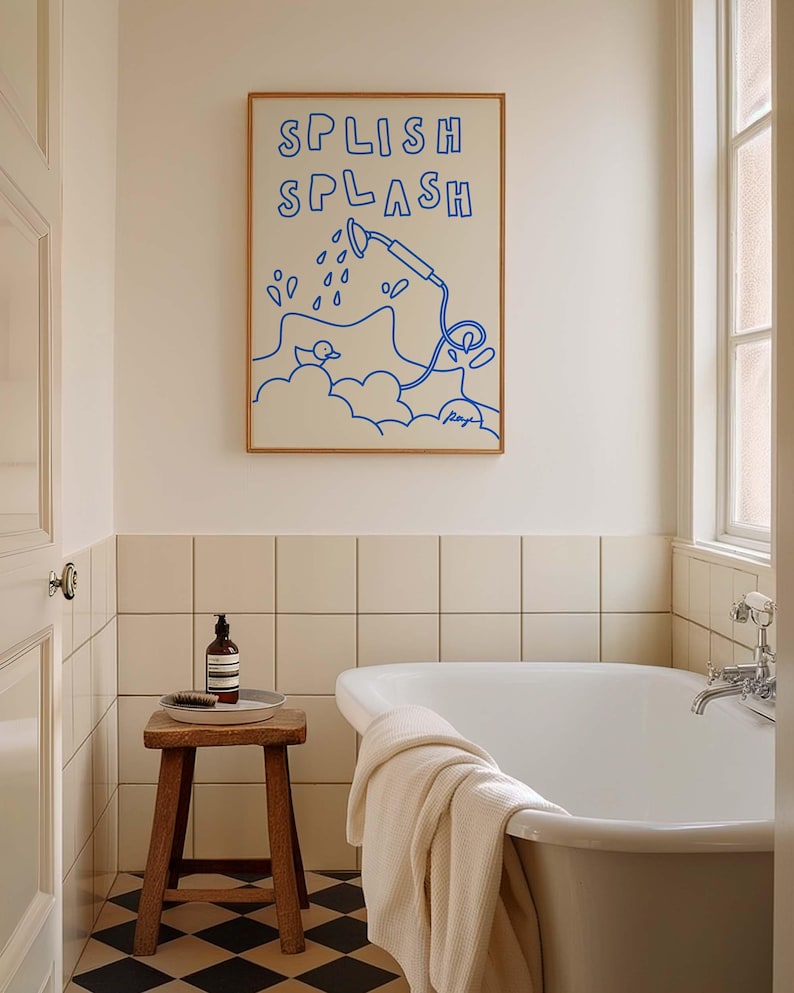 Splish Splash Bathroom Print: Hand-drawn Sketch, Trendy Blue Art - Etsy